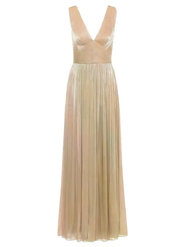 Costarellos Pleated V-neck Gown - Neutrals