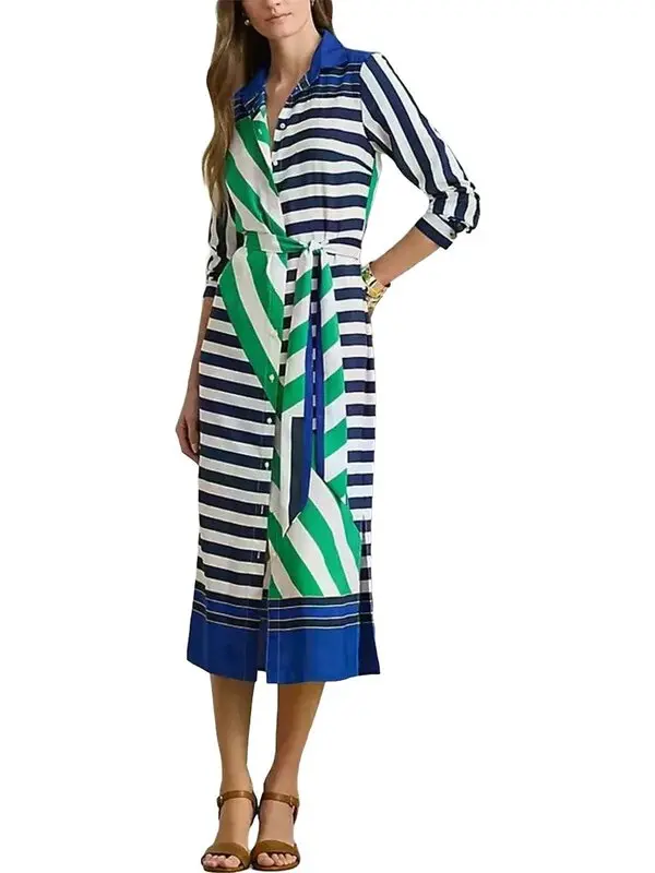 Ralph Lauren Striped Tie-waist Midi Shirt Dress - Blue