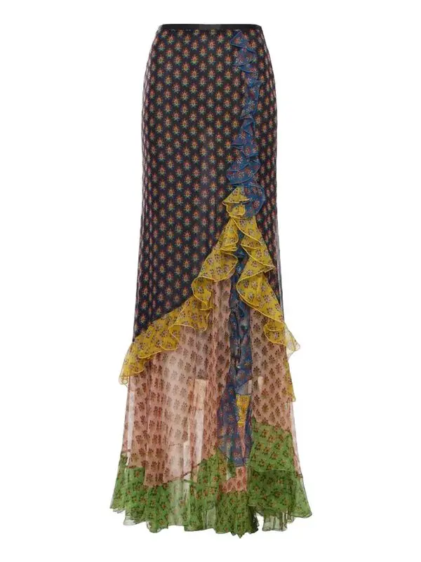 Etro Floral-print Ruffled Long Skirt - Blue