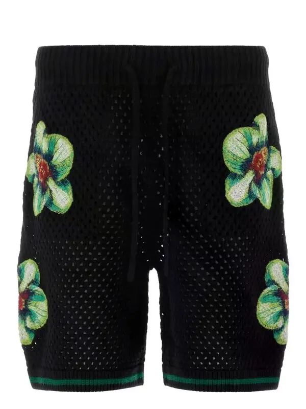 Casablanca Glitch Orchid Embroidered Crochet Shorts - Black