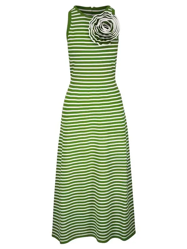 Lela Rose Striped Rose-detail Dress - Green