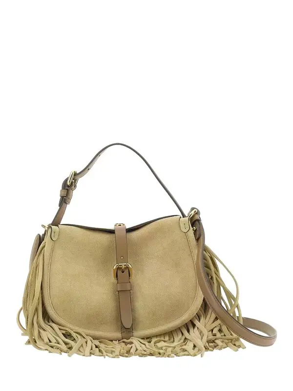 Etro Leather Shoulder Bag With Fringe And Buckle Detail - Neutrals