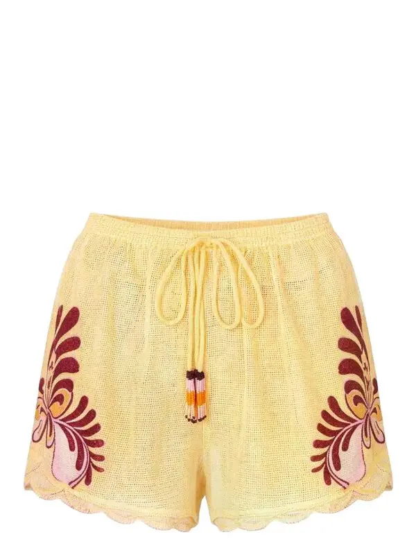 Farm Rio Floral Embroidered Scalloped Shorts - Yellow