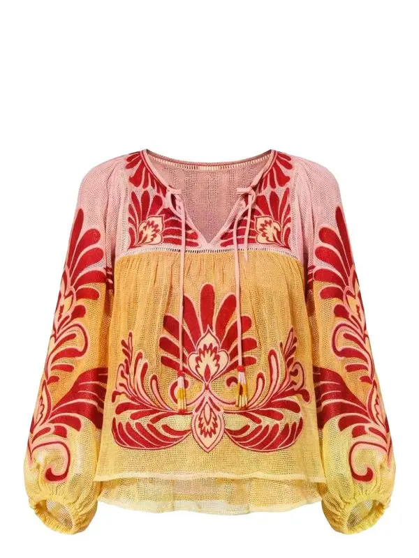 Farm Rio Floral Print Tie Blouse - Yellow