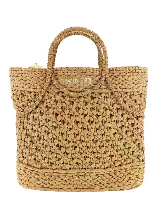 TWINSET Woven Straw Logo Shopping Tote Bag - Neutrals