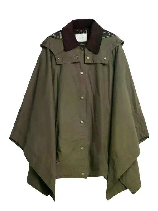 VICOLO Hooded Cape Coat With Check Collar - Green