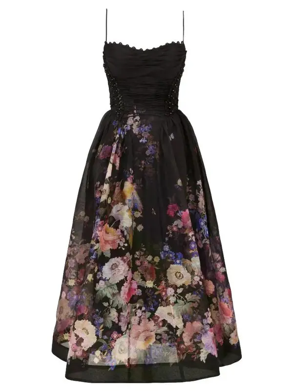 Zimmermann Luna Floral-print Bead-embellished Midi Dress - Black