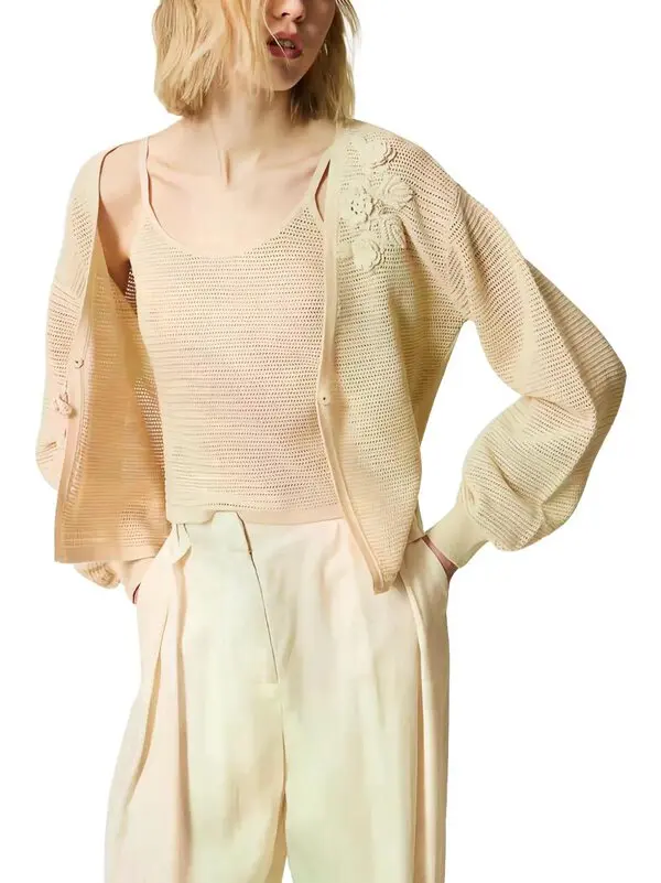 TWINSET Mesh Stitch Cardigan And Top With Floral Appliqu - Neutrals