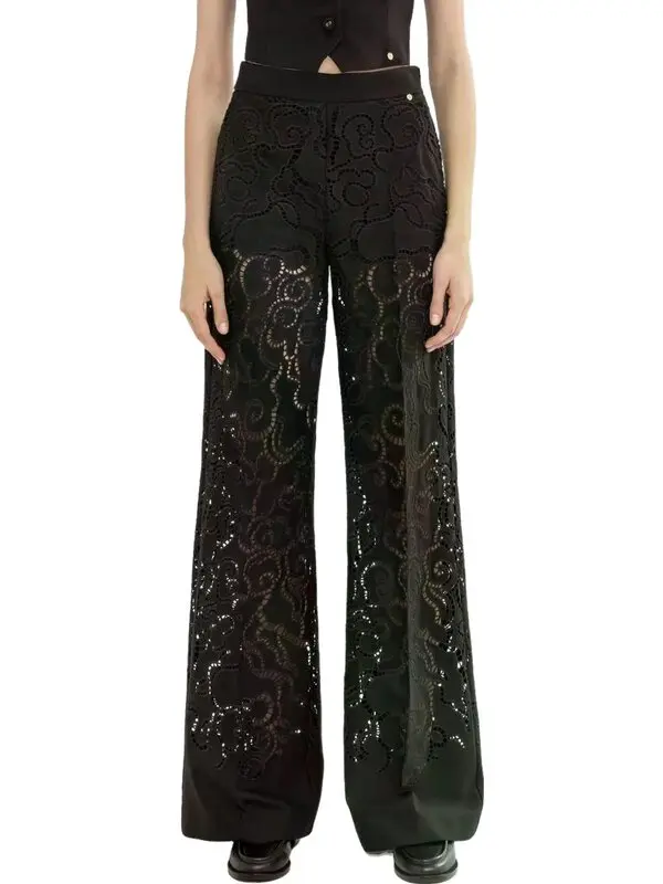NISSA Floral-embroidered Wide Leg Trousers - Black