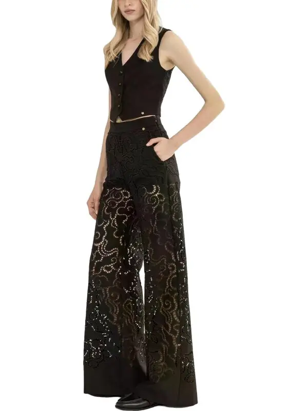 NISSA Floral-embroidered Wide Leg Trousers - Black