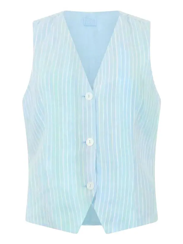 120% Lino Striped Button-down Vest - Blue
