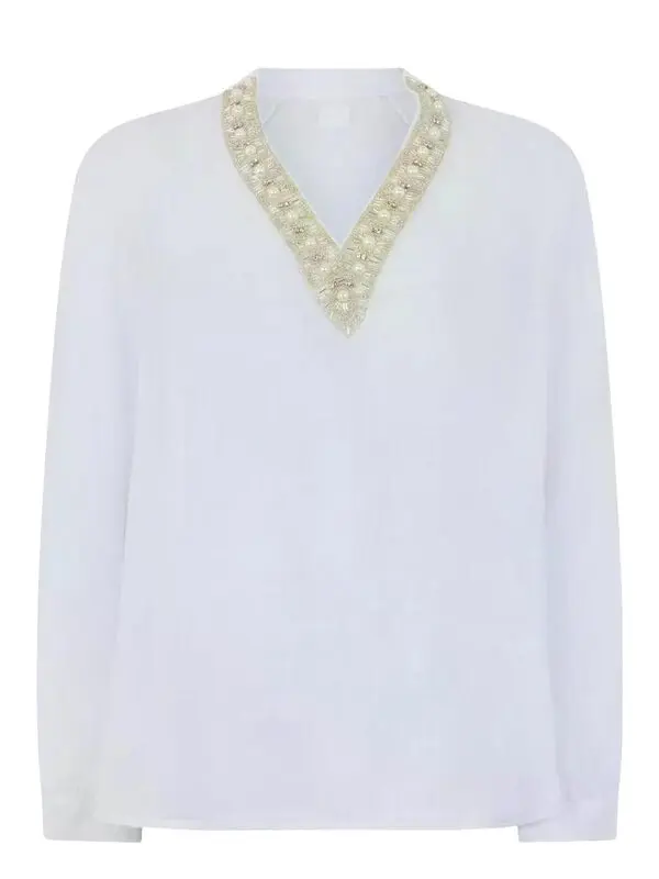 120% Lino Embellished V-neck Blouse - White