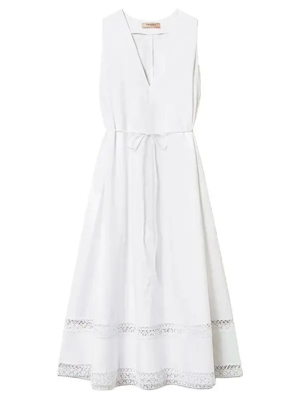 TWINSET Lace-trimmed V-neck Midi Dress - White