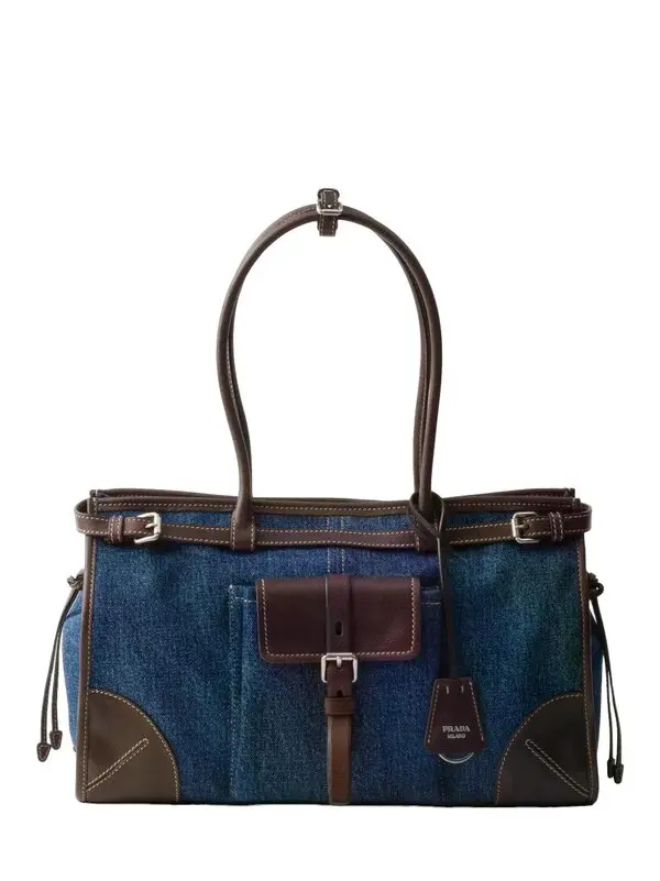 Prada Bonnie Large Denim And Leather Handbag - Blue
