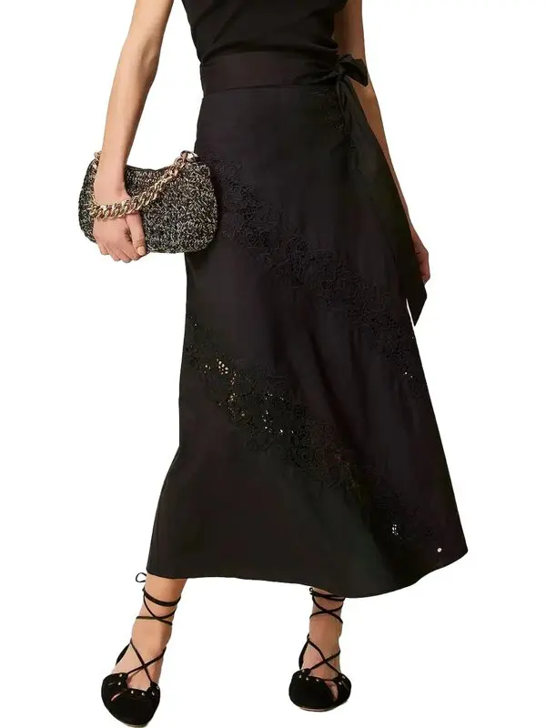 TWINSET Lace Detail Belted Midi Skirt - Black
