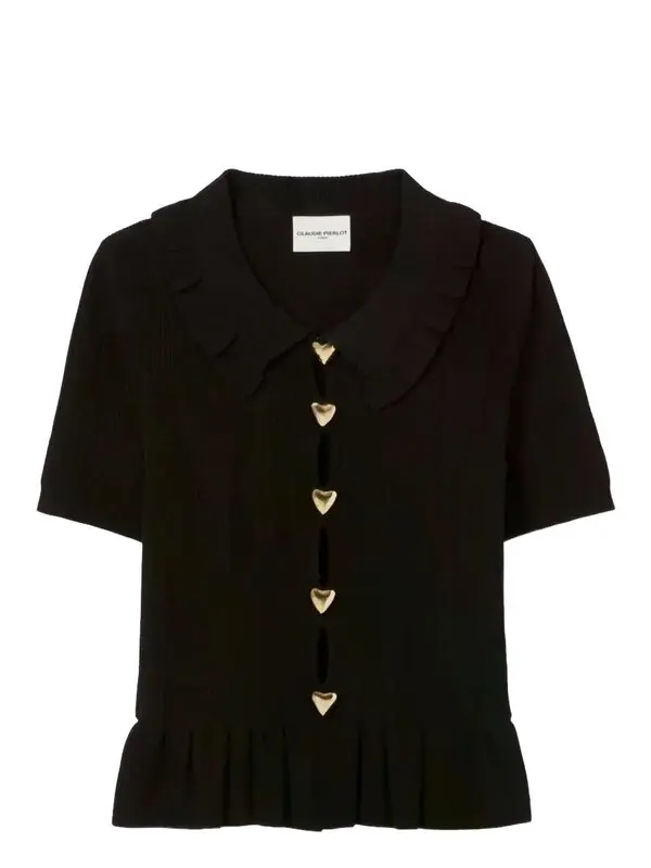 Claudie Pierlot Ruffled Knit Top With Heart Buttons - Black