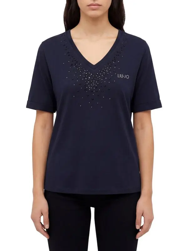 Liu Jo V-neck Cotton T-shirt With Rhinestone Embellishment - Black