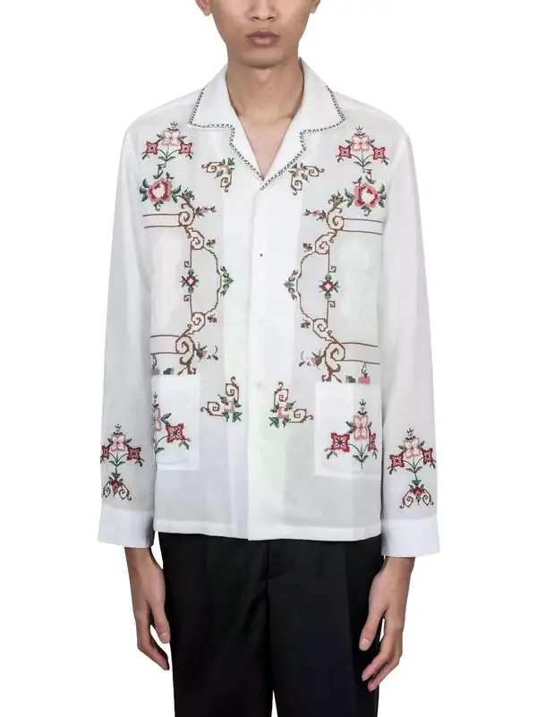 BAZISZT Sena Floral-embroidered Pocket Shirt - White