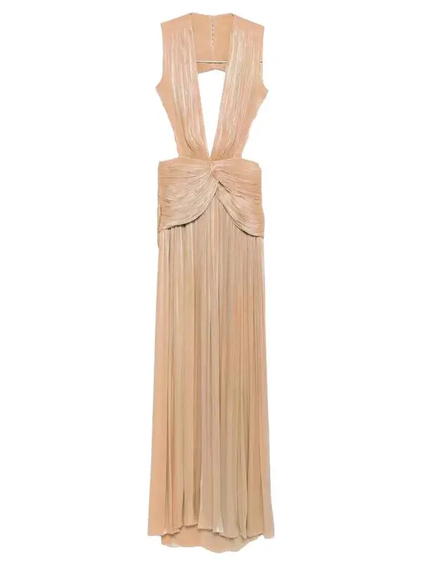 Costarellos Lurex Georgette Cut-out Pleated Maxi Dress - Neutrals