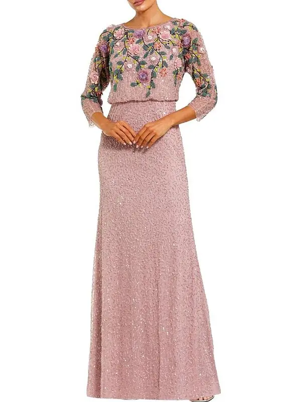 Mac Duggal Floral Embellished Long Sleeve Gown - Vintage Lilac Multi