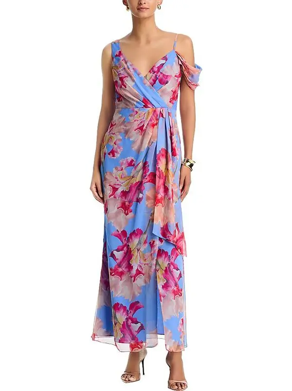 Aqua Floral Satin Burnout Maxi Dress - Blue Multi
