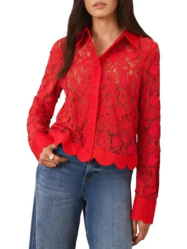 Mint Velvet Lace Cropped Shirt - Red