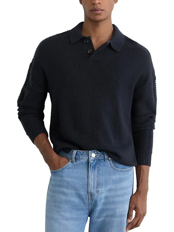 REISS Half Button Polo Sweater - Navy