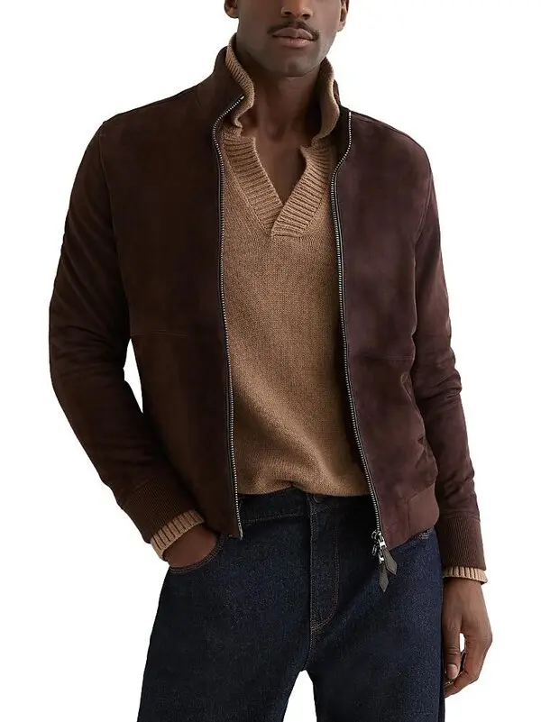 REISS Suede Zip Through Jacket - Chocolate