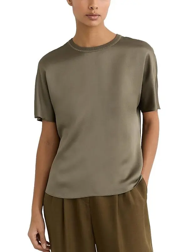 REISS Lena Silk Top - Khaki Green