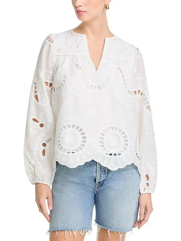 Aqua Eyelet Long Sleeve Top - White