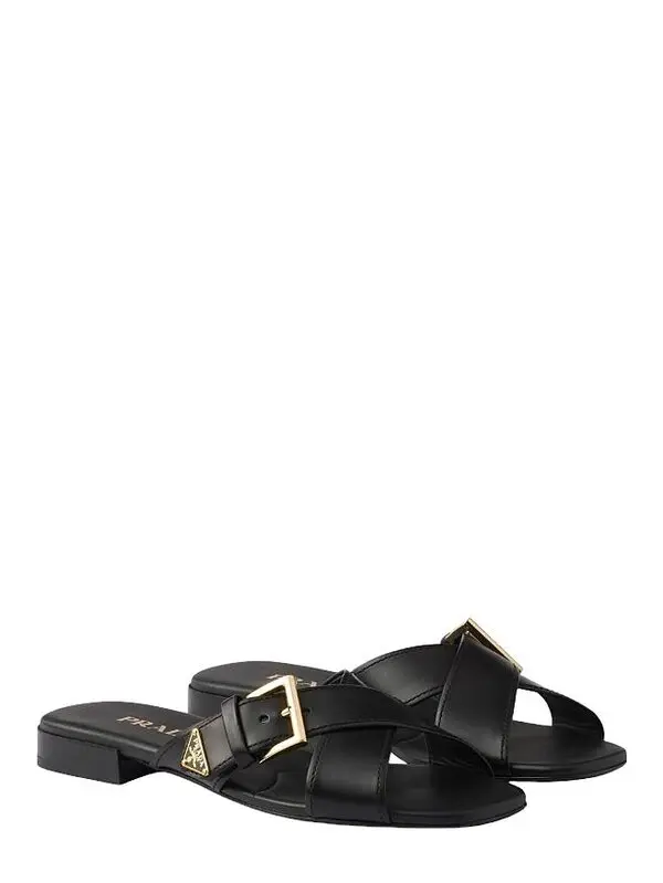 Prada Leather Crisscross Buckled Slides - Black
