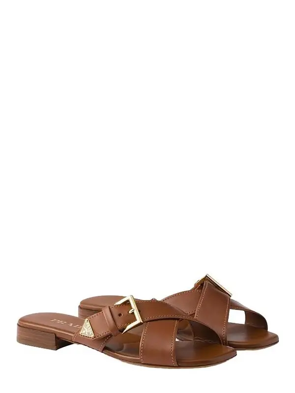 Prada Leather Crisscross Buckled Slides - Brown