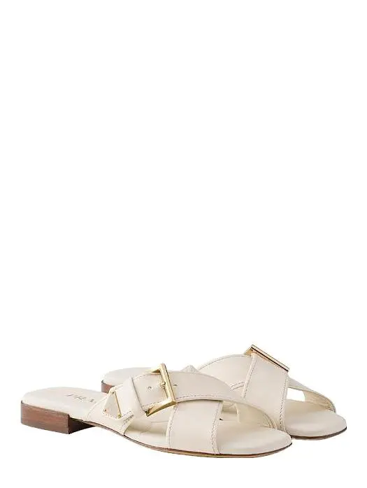 Prada Leather Crisscross Buckled Slides - Neutral