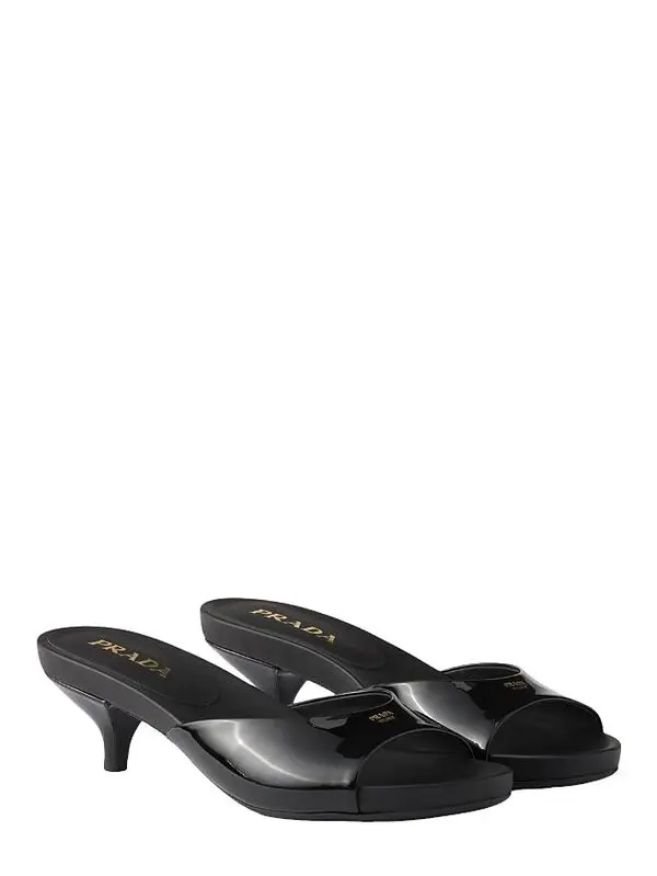 Prada Patent Leather Kitten Heel Sandals - Black