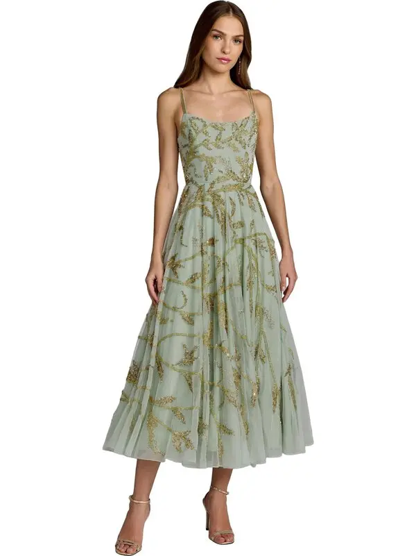 Mac Duggal Floral Hand Beaded Midi Dress - Seafoam Gold