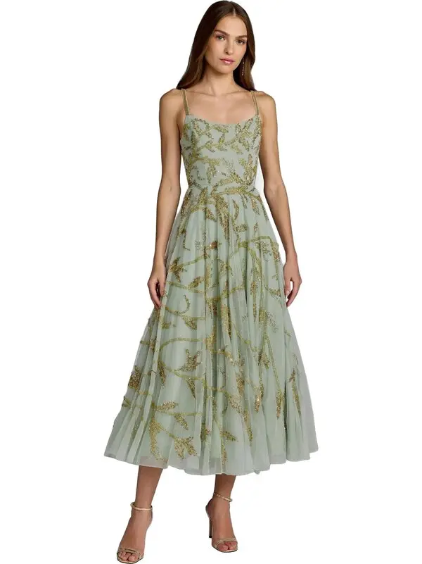 Mac Duggal Floral Hand Beaded Midi Dress - Seafoam Gold