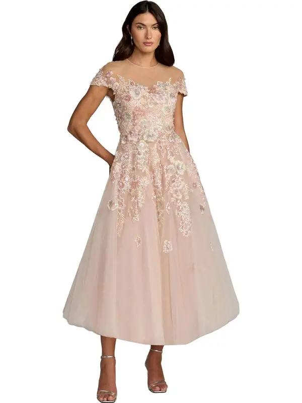 Mac Duggal Embroidered Tulle High Neck Dress - Blush Multi