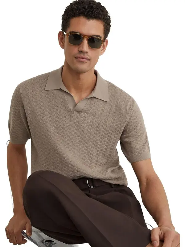 REISS Sol Textured-knit Open-collar Polo Shirt - Taupe Brown