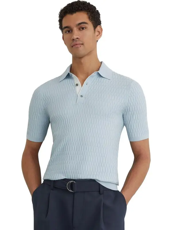 REISS Era Textured-knit Half-button Polo Shirt - Soft Blue
