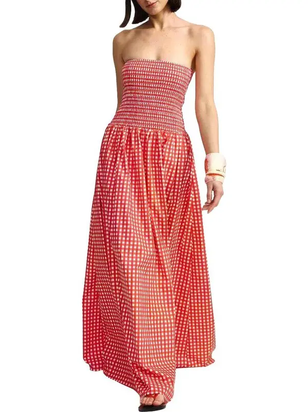ASTON STUDIO Layla Gingham Smocked Maxi Dress - Red