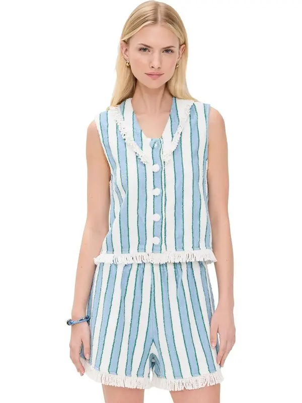 THE TINY BIG SISTER Striped Terry Cloth Top - Off White/denim Blue