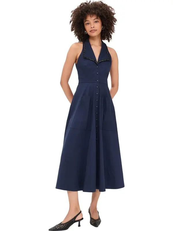 Saloni Jessica Embellished Poplin Midi Dress - True Navy
