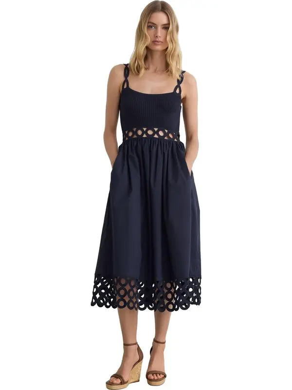 REISS Rib-knit Woven Mix Cut-out Midi Dress - Navy