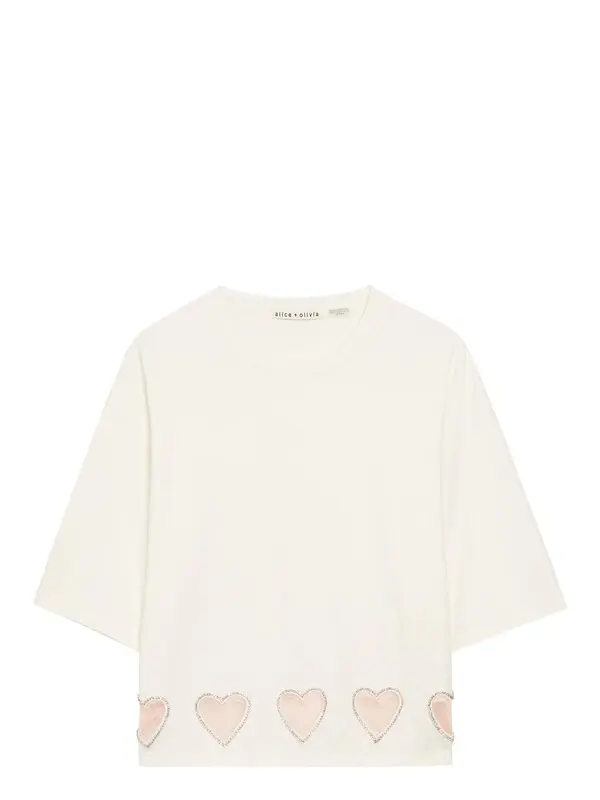 Alice + Olivia Cropped Cotton T-shirt With Embellished Hearts - White
