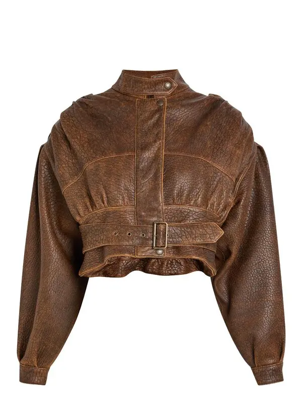 Chloé Grained Leather Cropped Bomber Jacket - Brown