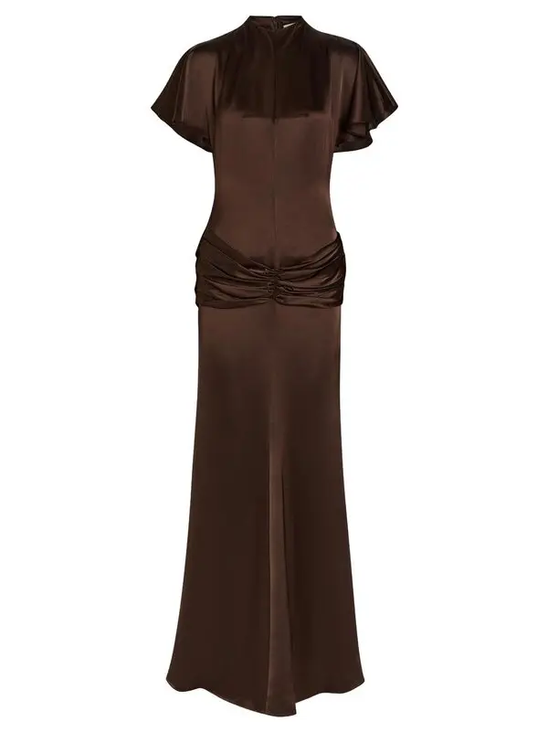 DE LA VALI Myra Gathered Satin Gown - Brown
