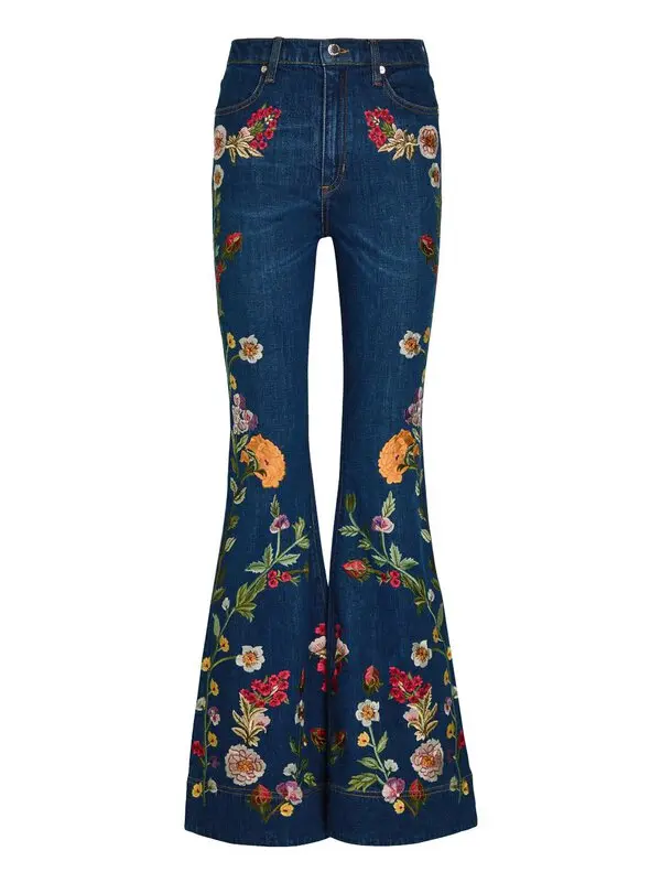 Alice + Olivia Floral Embroidered Bell-bottom Jeans - Blue