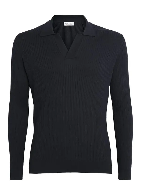 Sunspel Silk-cotton Long-sleeve Polo Shirt - Navy