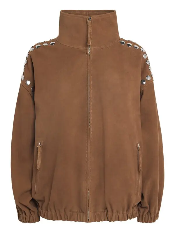 Sandro Suede Studded Bomber Jacket - Beige