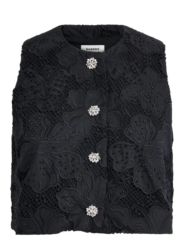Sandro Embroidered Guipure Top - Black